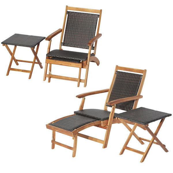 Red Barrel Studio® 4pcs Patio Rattan Folding Lounge Chair Table Acacia Wood Withretractable ...